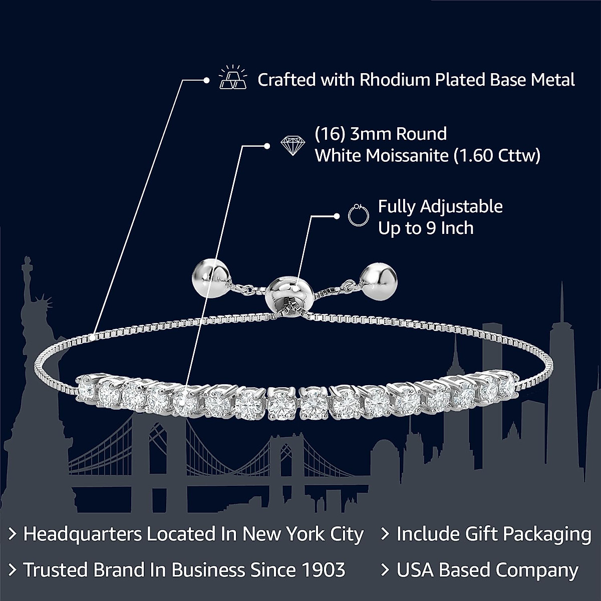 Gem Stone King Moissanite Tennis Bracelet For Women Bridal Wedding Fashion with Box Chain and Slider (1.60 Cttw, Round 3MM, Fully Adjustable Up to 9 Inch)