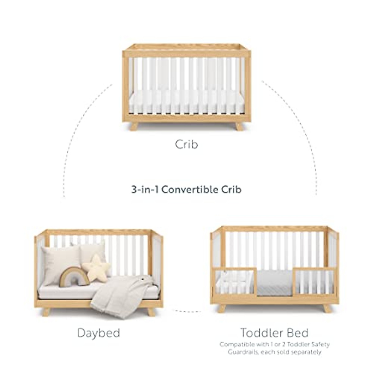 Storkcraft Beckett 3-in-1 Convertible Crib (Natural with White Slats) – Converts from Baby Crib to Toddler Bed and Daybed, Fits Standard Full-Size Crib Mattress, Adjustable Mattress Support Base