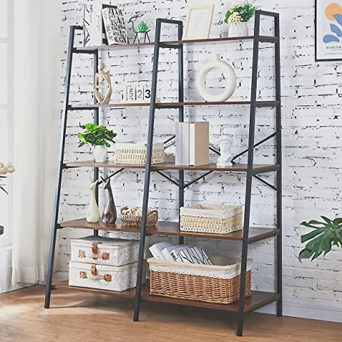 HOMBAZAAR Bookshelf, 5-Tier Industrial Bookshelf, Wide Double Ladder Bookcase Wood and Metal Bookshelves for Home Office Living Room,Brown