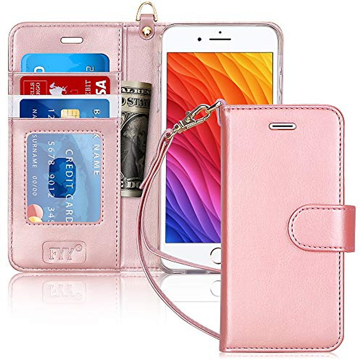 FYY Case for iPhone 6 Plus/6s Plus, PU Leather Wallet Phone Case with Card Holder Flip Protective Cover [Kickstand Feature] [Wrist Strap] for Apple iPhone 6 Plus/6s Plus 5.5" Rose Gold