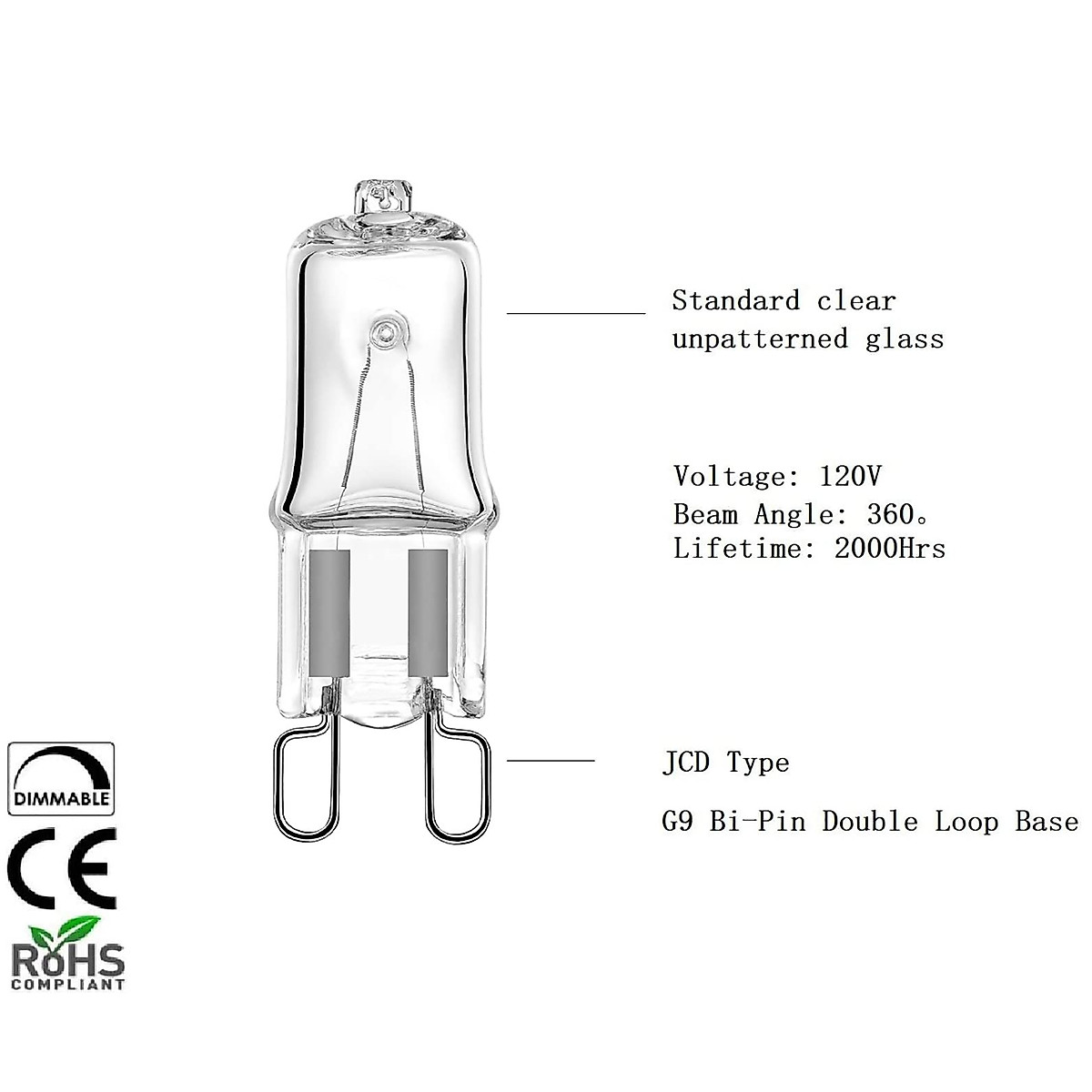 10 Pack G9 Halogen Light Bulbs 60 Watt JCD Type G9 Bi-Pin Double Loop Base 120 Volt Light Bulbs Dimmable Apply to Crystal Chandelier, Flush Mount Ceiling Light