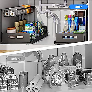 Under Sink Organizers,2-Tier Under Sink Organizers and Storage,Drill-Free Rustproof Stainless Steel Pull Out Shelf with Non-Slip Feet for Kitchen Bathroom, Black