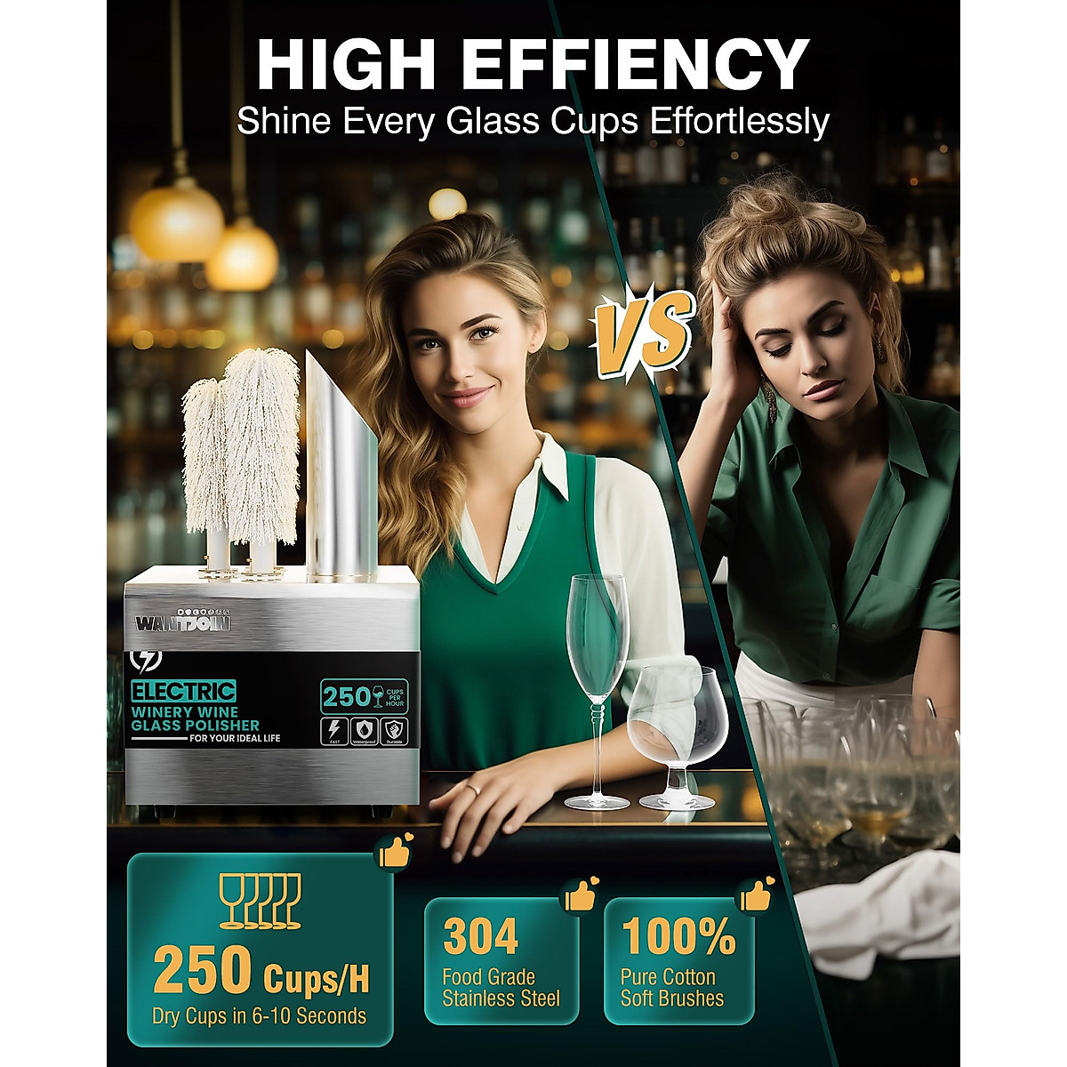 WantJoin Wine Glass Polisher Machine - 3 Brushes 250 Cups/Hour Commercial Electric Automatic Dryer with 304 Stainless Steel, 100% Cotton, 1150W High Power, 140°F Air Drying for Bar Restaurant Kitchen