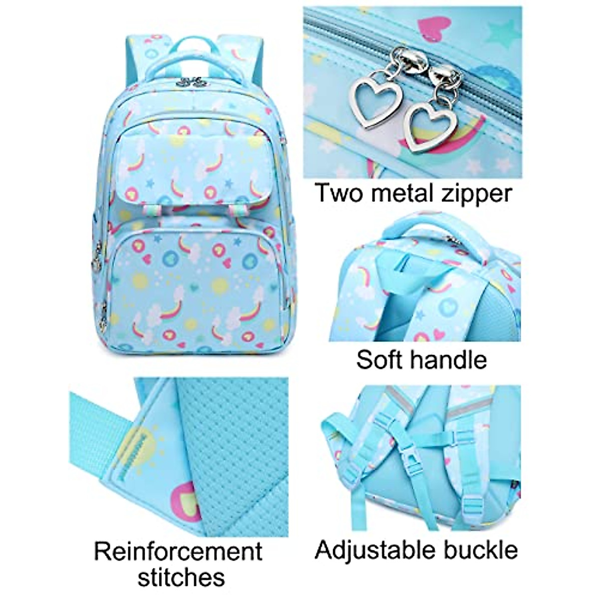 JiaYou Girls Backpack Sets Primary School Bookbag Rainbow Pattern Daypack with Lunch Bag(Black,19 Liters)