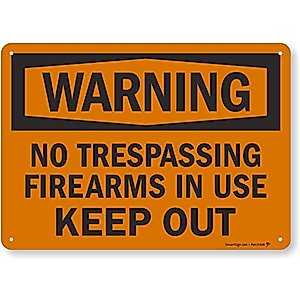 SmartSign - S-8638-AL-14 Warning - No Trespassing, Firearms in Use, Keep Out Sign by | 10" x 14" Aluminum Black on Orange