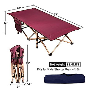 REDCAMP Extra Long Kids Cot for Camping, Sturdy Steel Folding Toddler Cot Bed for Travel Sleeping, Portable with Carry Bag,Wine Red New