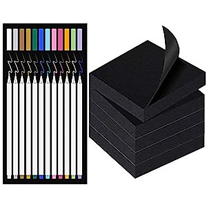 Black Sticky Notes and Gel Pens for Black Paper | 12 Metallic Pens for Black Paper, Including White Gel Pen, Gold and Silver | 3x3 Unique Sticky Notes 500ct | Gel Pens and Black Sticky Notes