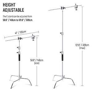NEEWER C Stand with Boom Arm & Sliding Legs, Pro 100% Stainless Steel Stand Max Height 10.13ft/309cm with 3.9ft/120cm Arm & 2 Grip Heads for Photography Umbrellas, Reflectors, Softboxes and Monolights