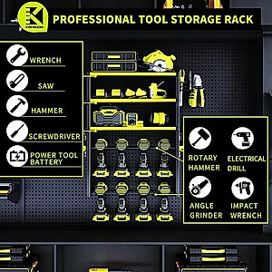 KAFAHOM Power Tool Organizer, Large 8 Drill Holder Wall Mount with 2 Side Pegboards,5 Layer Heavy Duty Metal Tool Storage Rack, Tool Shelf for Garage Organization, Utility Battery Shelves - Green