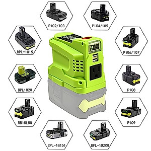 150W Power Inverter for Ryobi 18V Volt Lithium Battery,Portable Power Station Inverter with 2-USB&AC 110V-120v 200LM LED Light（Inverter only）