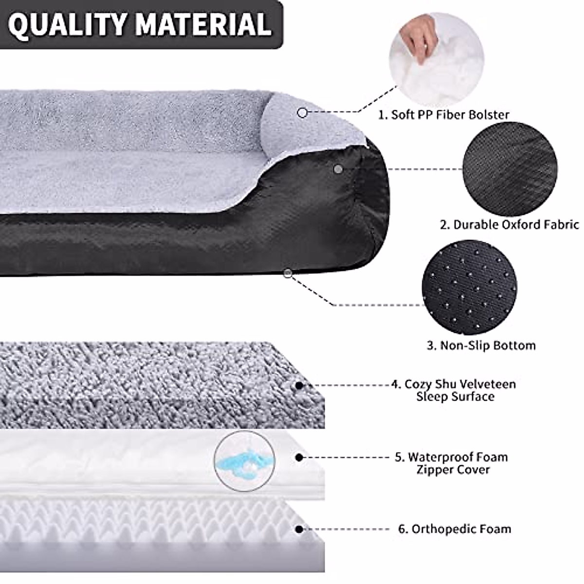 XueMi Orthopedic Dog Beds for Large Dogs, Washable Dog Beds with Soft Removable Cover, Waterproof Lining Medium Large Pet Dog Beds Couch with Non-Slip Bottom