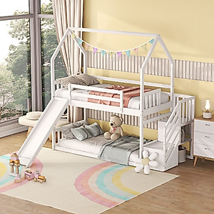 Bellemave House Bunk Beds with Stairs and Slide Low Twin Over Twin Solid Wood Floor Bunk Bed for Kids Girls Boys Teens, White