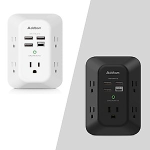 USB Wall Charger Surge Protector - Addtam 5 Outlet Extender with 4 USB Charging Ports (1 USB C, 4.5A Total), 3-Sided 1800J Power Strip Multi Plug Outlets Adapter Widely Spaced, White & Black