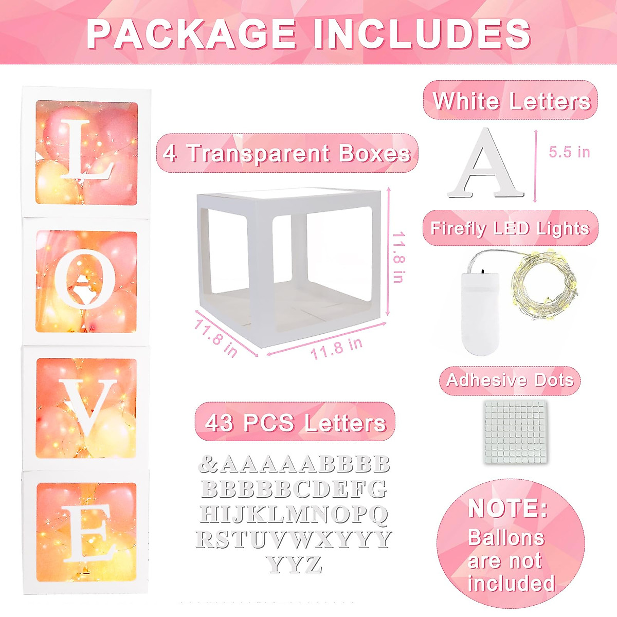 Ledido Baby Boxes with Letters for Baby Shower Balloon Box with Lights,4 Pcs Fairy String Lights and 43 Letters, Clear Blocks for Birthday Party, Bridal Shower, Gender Reveal Decoration - 4 PCS Boxes