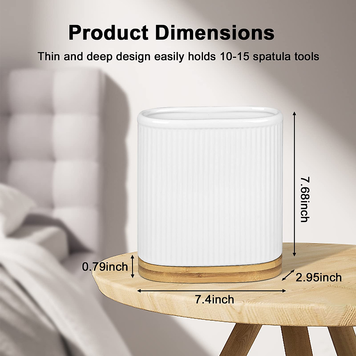 Ceramic Utensil Holder- Large Kitchen Utensil Holder with Bamboo Wooden Base- Utensil Crock for Countertop- White Ceramic Cooking Utensil Organizer for Kitchen Counter Decor, Farmhouse, Spatula