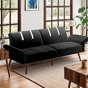 Shintenchi Futon Sofa Bed Modern Folding Sleeper Couch Bed for Living Room,Velvet Loveseat Sofa Couch Sofa cama for Apartments Office Small Spaces,w/Adjustable Armrests Backrest,Black