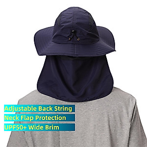 Home Prefer Mens UPF 50+ Sun Protection Hat Wide Brim Fishing Hat with Neck Flap (Navy Blue)