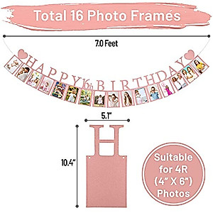 Sweet 16 Birthday Decorations Photo Banner in Rose Gold Pre-assembled - Sweet 16 Banner WITH Sixteen Photo Card Frames Party Supplies - Happy 16th birthday decorations for girls with 16 Signs