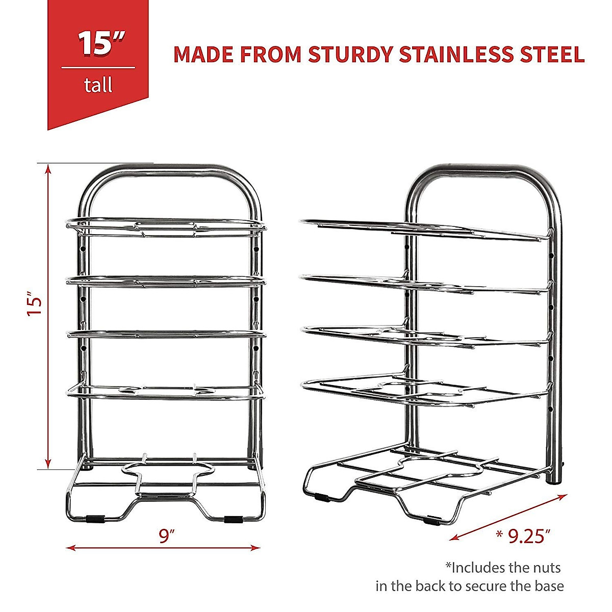 Heavy Duty Kitchen Pot Rack Organizer For Cabinet - Height Adjustable 5-Tier Cast Iron Skillet Cookware Rack - Stainless Steel Pots And Pan Storage Rack Organizer For Cabinet Countertop - 16.5" Tall