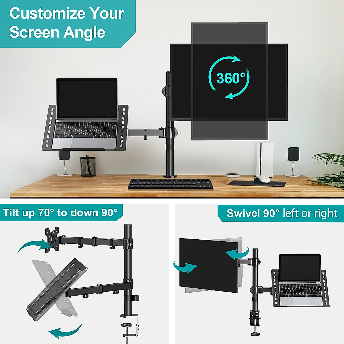 MOUNT PRO Laptop Desk Mount, Height Adjustable, Fits 13" to 32" Screens, with Clamp/Grommet Mounting Base, Holds Up to 17.6lbs
