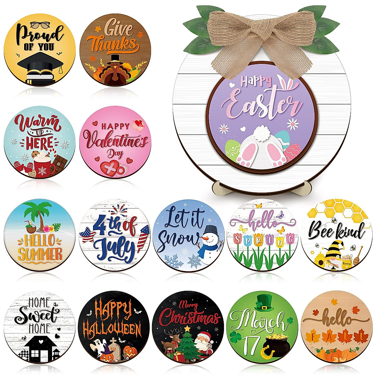 Geetery 17 Pieces Interchangeable Season Sign DIY Holiday Icons Decor with Wooden Easel Round Home Decorative with 15 Seasonal Icons Holiday Sign Set for Tabletop Fireplace Porch Decorations