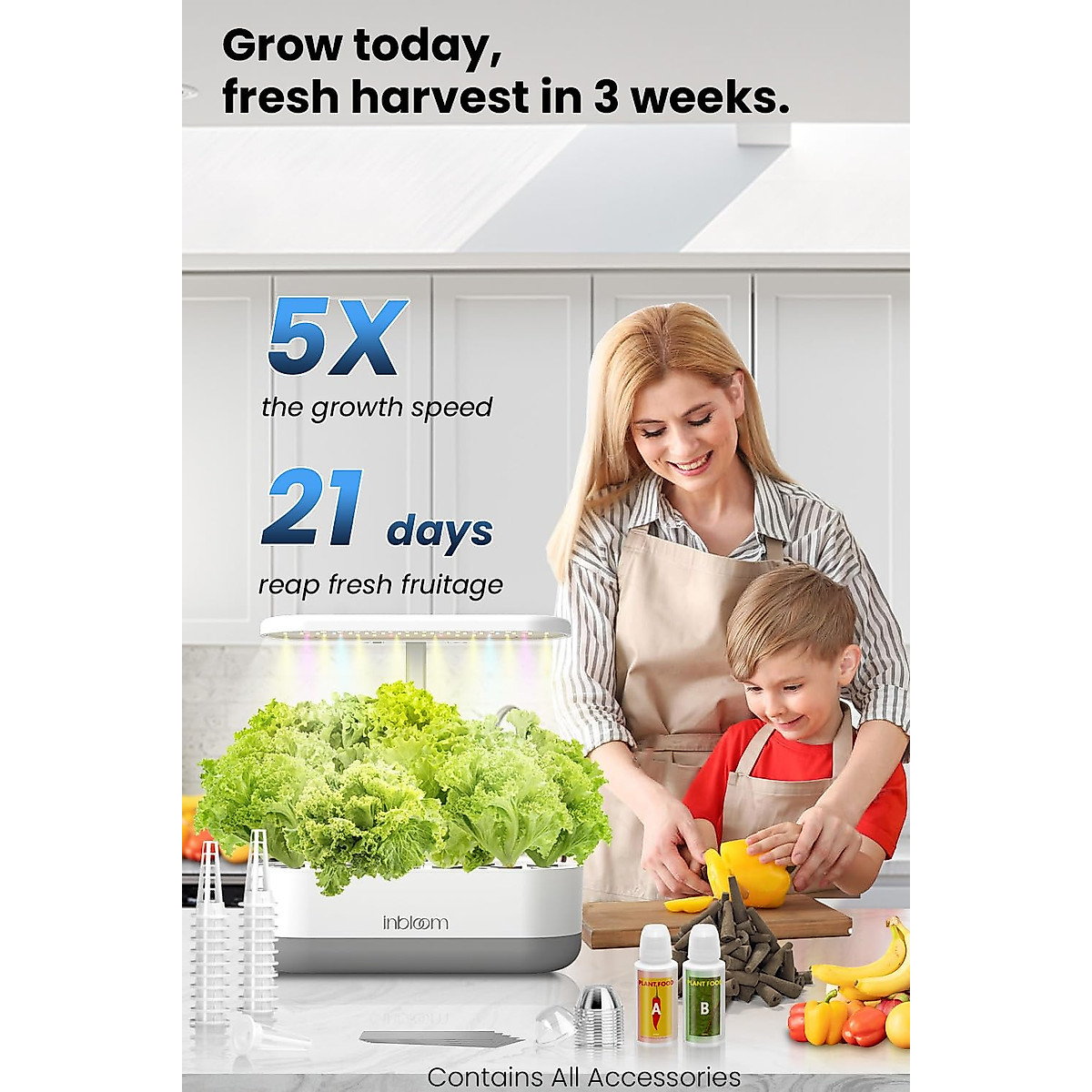 inBloom 12 Pods Hydroponics Growing System Indoor Garden with LED Grow Light and Pod Kit, Plants Germination Kit with 4.2L Water Pump Accelerate, Height Adjustable, Gardening Gifts for Women, White