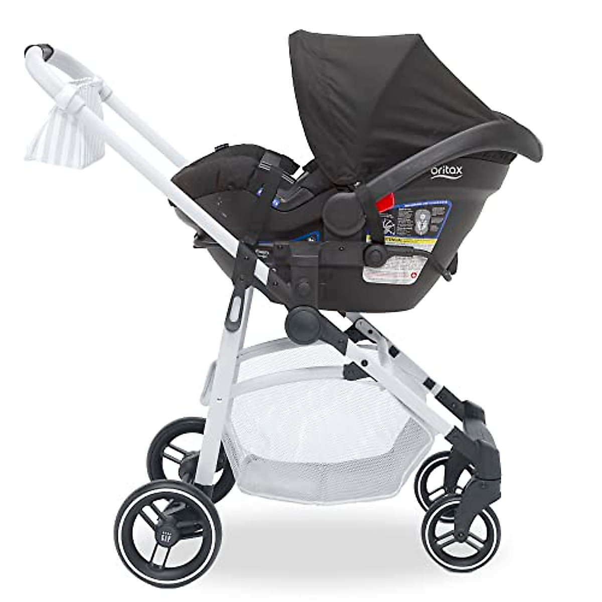 GAP babyGap 2-in-1 Carriage Stroller - Car Seat Compatible - Easy One-Handed Fold - Lightweight Stoller with Oversized Canopy & Reclining Seat - Made with Sustainable Materials, Grey Stripes