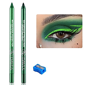 KARNAR 2Pcs Bright Green Dark Green Eyeliner Pen Set With Pencil Sharpener, Bright Green Dark Green, Colored Colorful Eyeliner Pencil Set, Pearl Metallic Glitter Eyeliner E2
