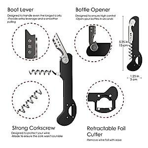 Houseables Boomerang Wine Opener, Corkscrew, 5 1/4”, Black, Cork Screw, No Blade, Foil Cutter, 3 in 1, for Waiters, Servers, Sommelier, Restaurant, Open Bottles, Beer, Multi Use, Compact