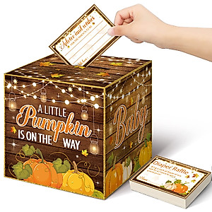 51 Pieces Fall Pumpkin Diaper Raffle Tickets with Diaper Raffle Card Box, Diaper Raffle Sign Advice and Wishes Diaper Party Raffle Insert Cards Baby Shower Decoration Neutral for Thanksgiving Game Kit
