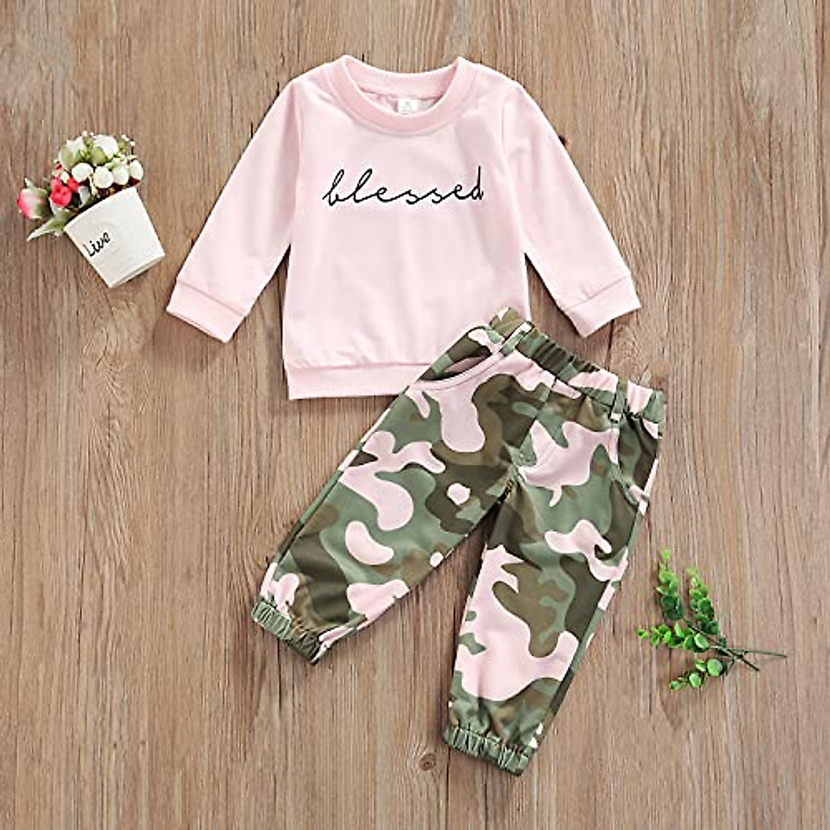 Mandizy Kids Toddler Girl Spring Fall Outfits Blessed Letter Print Long Sleeve Sweatshirt Tops and Camouflage Pants Clothes Set (Pink, 3-4T)