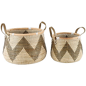 Deco 79 Seagrass Handmade Zigzag Patterned Storage Basket with Black and White Plastic Weaving and Leather Handles, Set of 2 18", 13" W, Brown