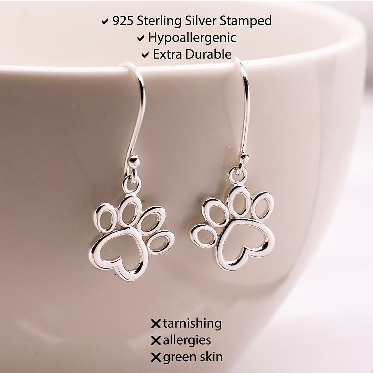 Hoops & Loops 925 Sterling Silver Puppy Dog Cat Pet Paw Print Love Heart Drop Dangle Hook Earrings for Women Men Teen Girls (Silver)