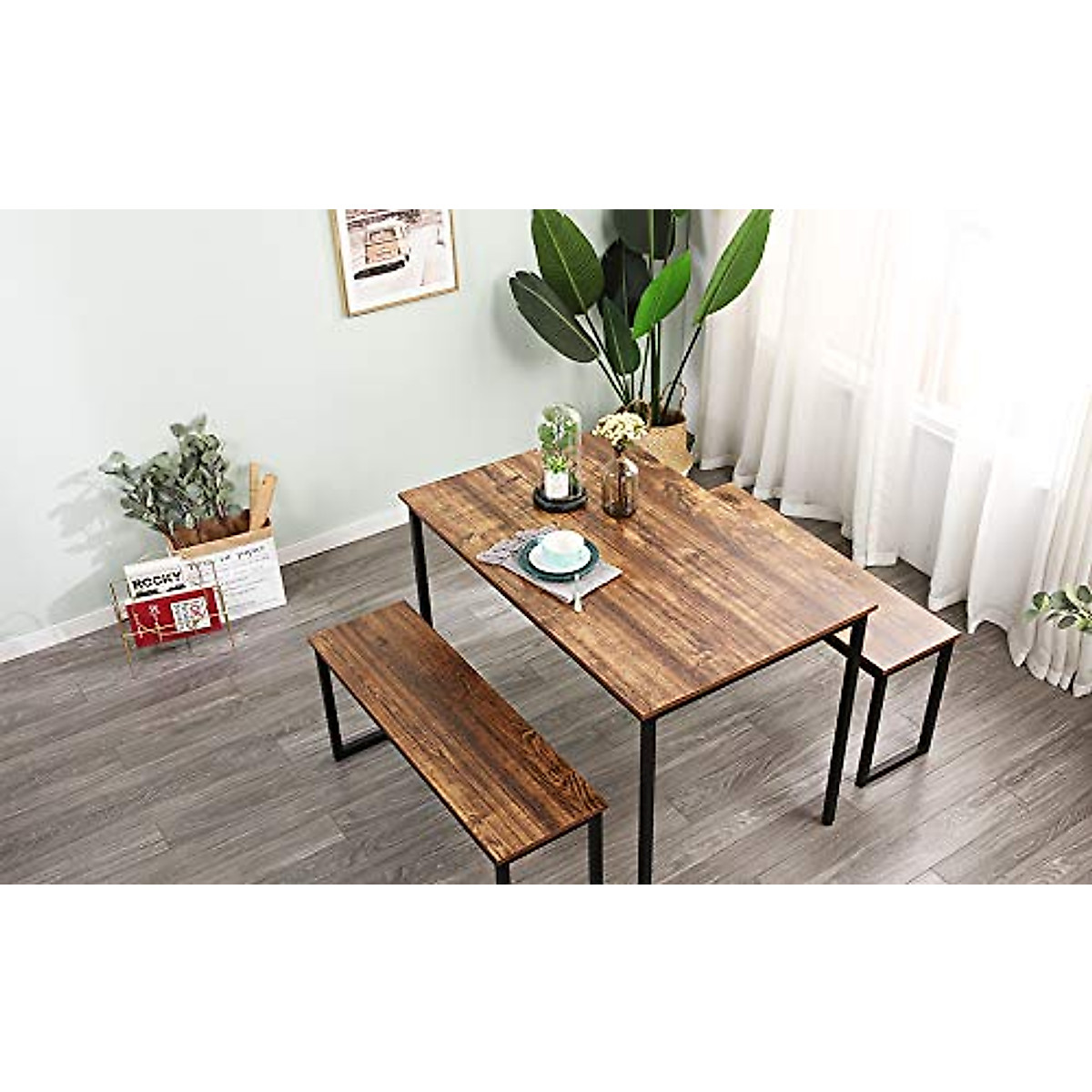 SogesGame Dining Table Set with Two Benches,Kitchen Table Set for 2-4 Persons,3 Pieces Home Kitchen Breakfast Bar Set Furniture Dining Set