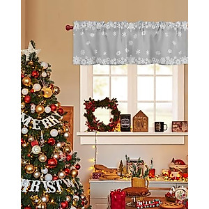 Jacekidy Christmas Snowflakes Valances for Window, Short Kitchen Curtains Valances Rod Pocket Window Valance Curtains for Living Room Bathroom Bedroom Cafe Seasonal Winter Xmas Grey Backdrop 54"x18"