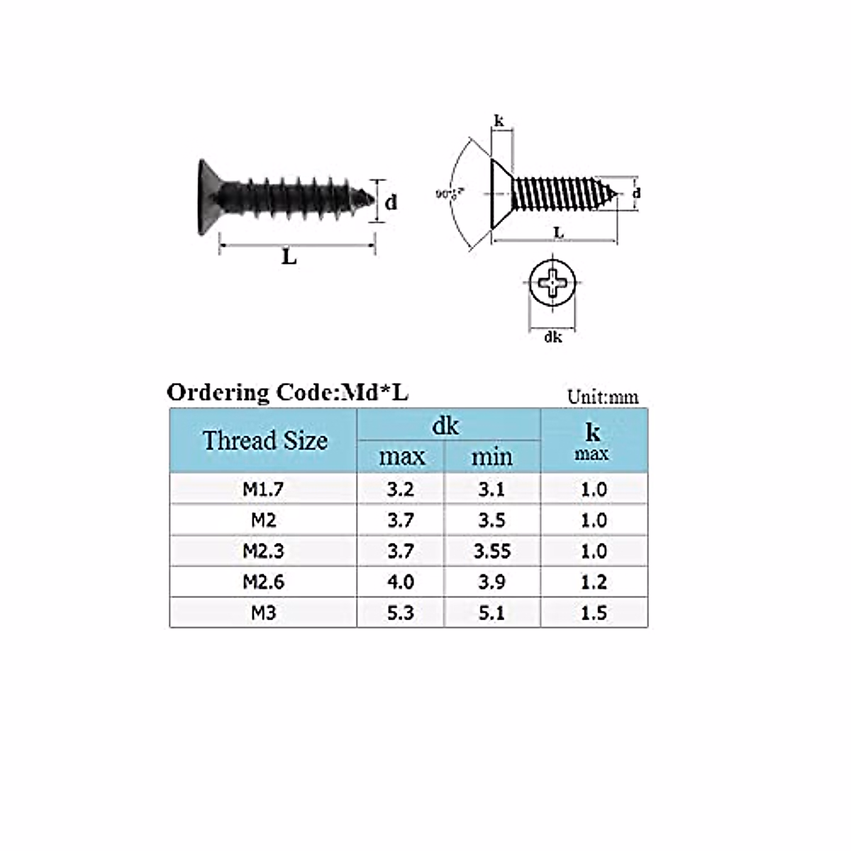 100pcs Self Tapping Screws M1.7 M2 M2.3 M2.6 M3 Laptop Screws Computer Screws Small Philips Pan Head Black Carbon Steel DUO ER (Length : 6mm, Size : M1.7)