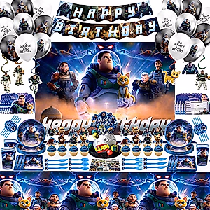 Buzz Lightyear Party Supplies, Buzz Party Decorations Set Include Happy Birthday Banner, Balloons, Swirls, Tableware, backdrops for Kids Lightyear Theme Party