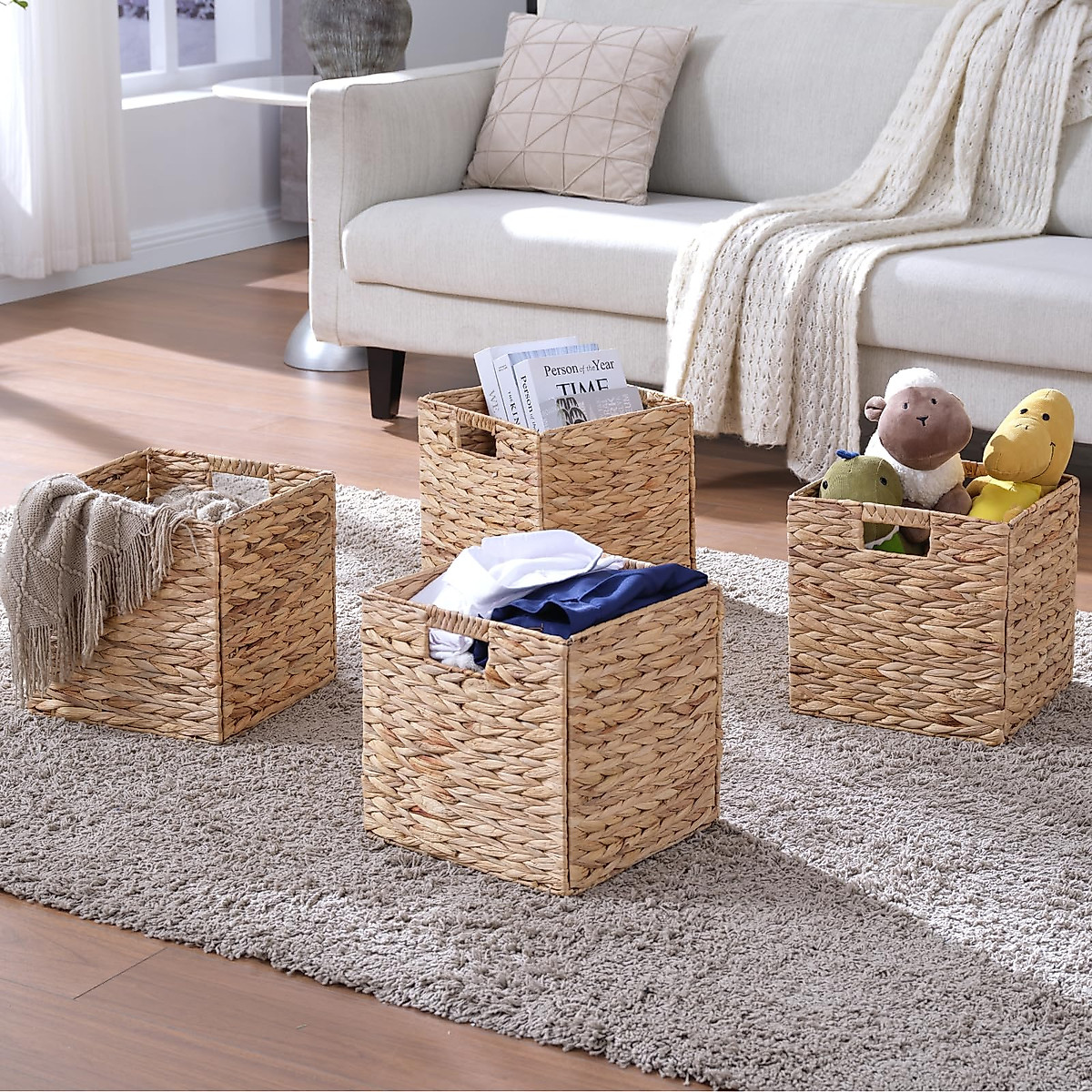 Set of 4 Wicker Storage Basket, Woven Baskets for Storage, Foldable Wicker Storage Basket for Shelf, Cube Storage Bin for Shelves, Water Hyacinth Laundry Organizer Square Shelf Baskets, 12''x12''x12''