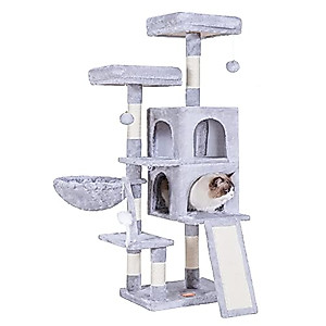 Heybly Cat Tree Cat Tower for Indoor Cats, Multi-Level Cat Furniture Condo with Scratching Board, Light Gray HCT012W