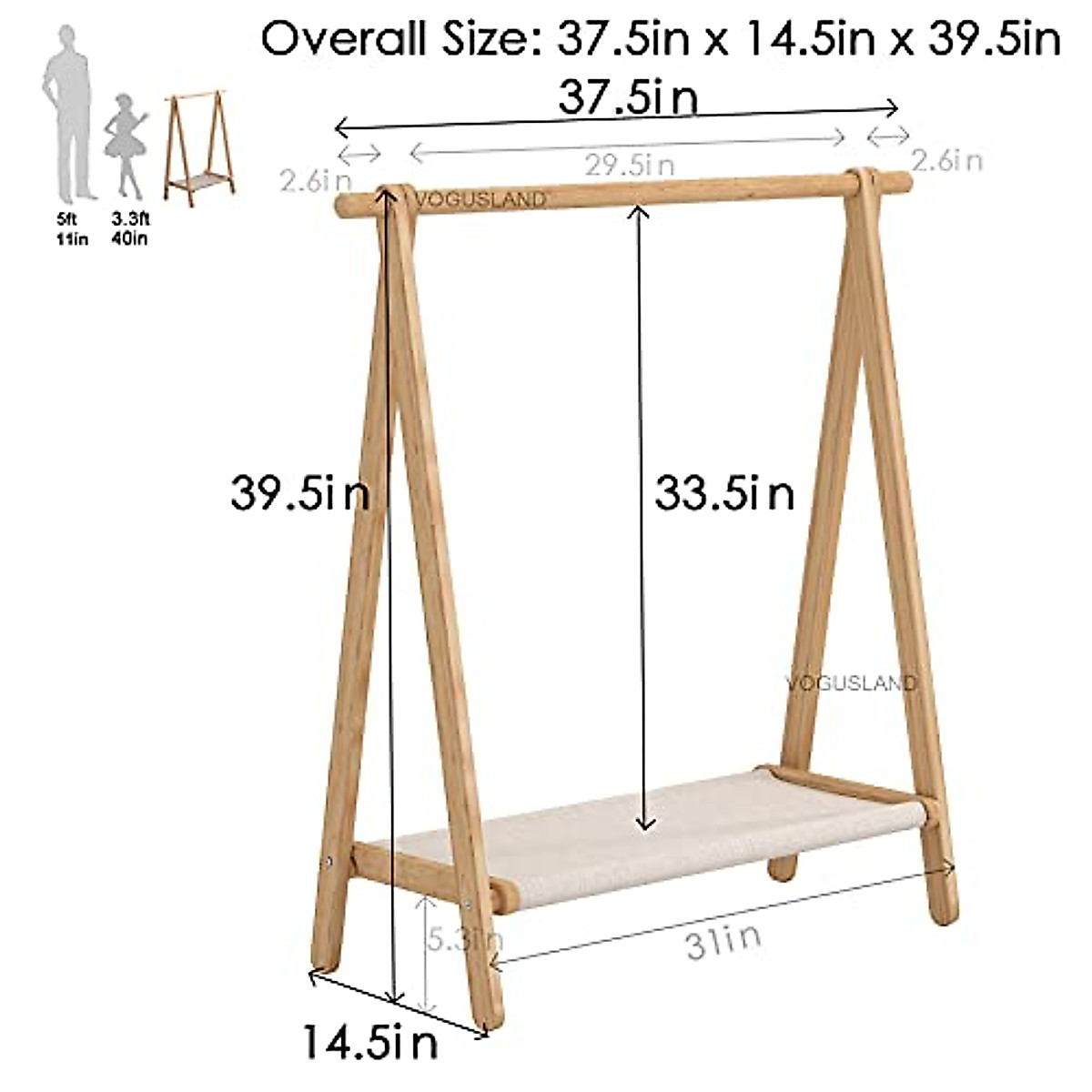 VOGUSLAND Dress up Rack, Child Garment Rack, Kids Clothing Rack with Storage Shelf (Natural Beech, 38" L x 14.5" W x 40" H)