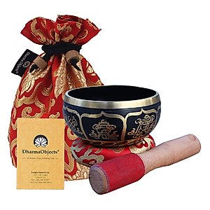 DharmaObjects ~ Tibetan 8 Lucky Symbols Singing Bowl Set ~ With Mallet, Brocade Cushion & Carry Bag ~ For Meditation, Chakra Healing, Prayer, Yoga