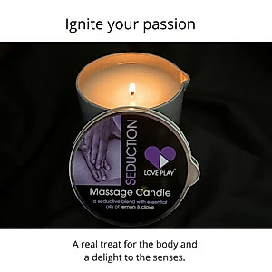 LOVE PLAY Seduction Massage Candle - Moisturizing Body Oil Candle for Couples and Home Spa - Luxurious & Hydrating Skin Care Body Massage Oils - Natural, Vegan - Lemon & Clove (6.76oz)