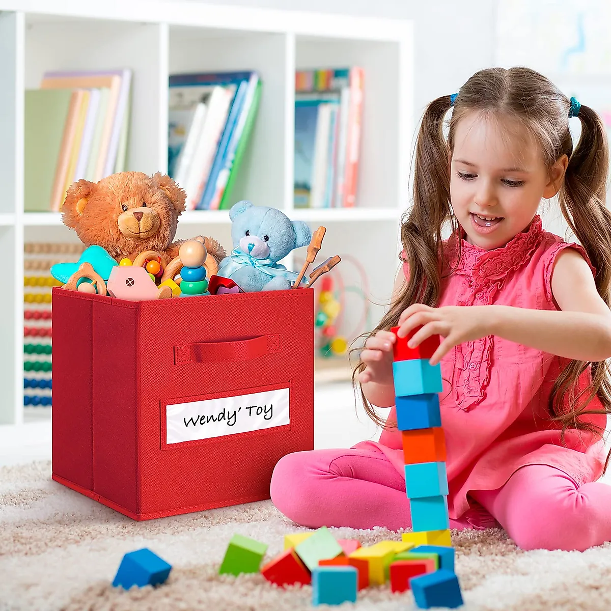 artsdi 11 Inch Storage Cube,Storage bin,cube storage (Set of 10) Foldable Fabric Cube Storage Bins with 10 Labels Window Cards & a Pen,Baskets Containers for Shelves,Closet Organizers Box,Red