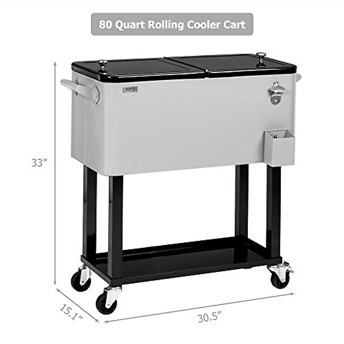 VINGLI 80 Quart Rolling Ice Chest, Portable Patio Party Bar Drink Cooler Cart, with Shelf, Beverage Pool with Bottle Opener,Grey
