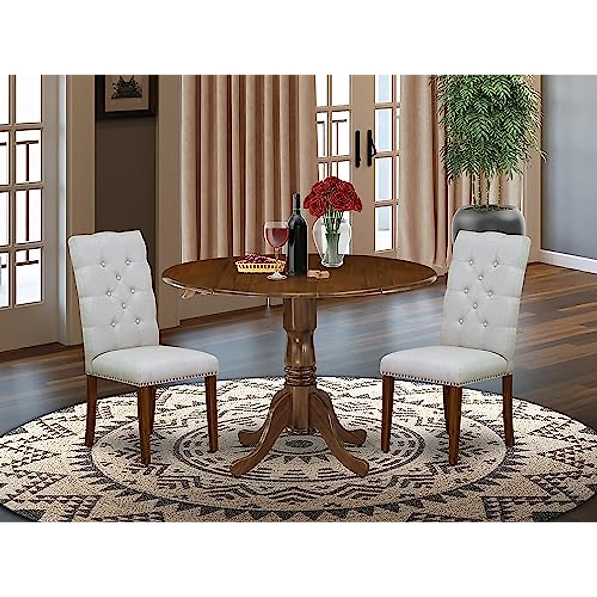 East West Furniture DLEL3-AWA-05 3 Piece Kitchen Table & Chairs Set Consist of a Round Dining Table with Dropleaf and 2 Upholstered Parson Chairs, 42x42 Inch, Antique Walnut