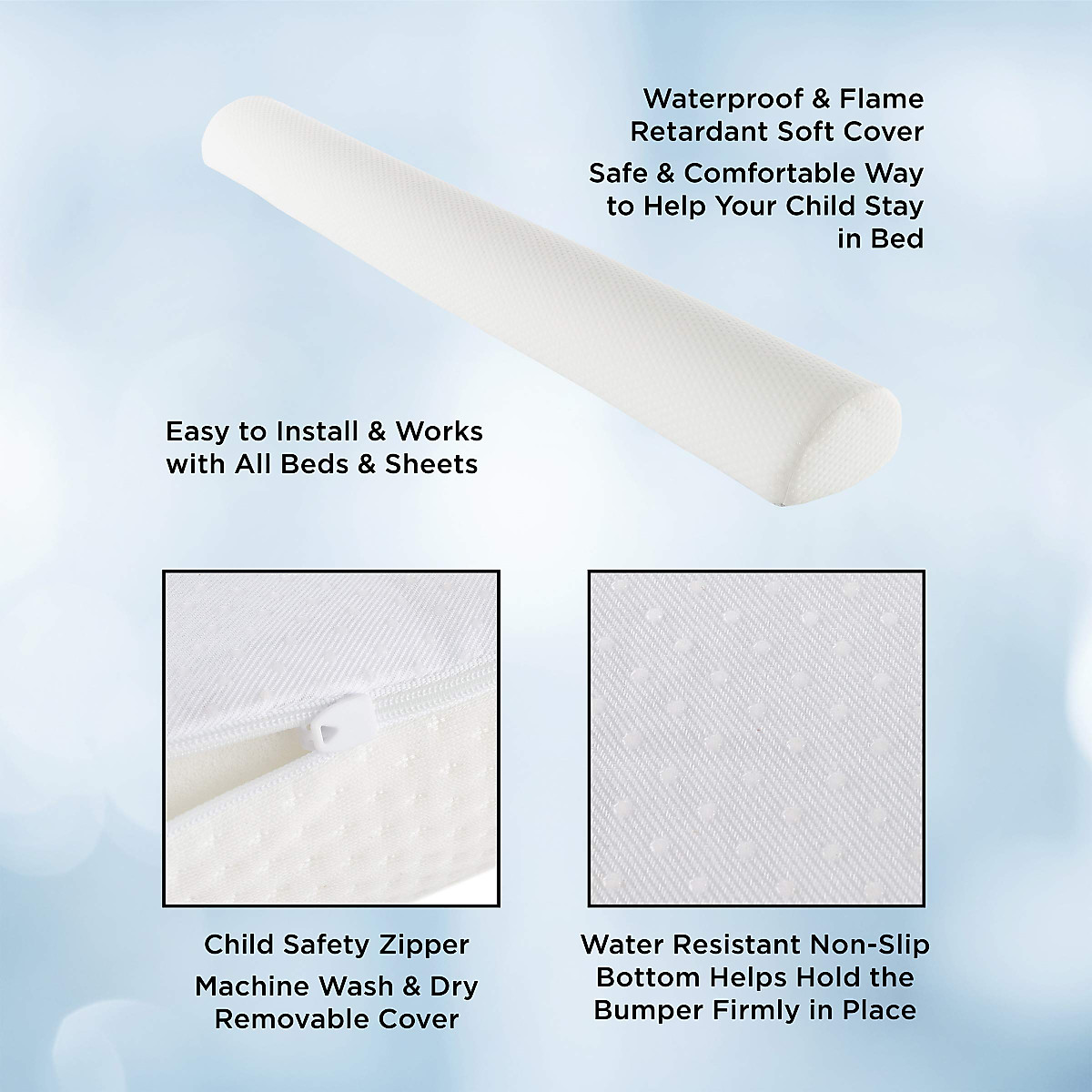 Toddler Bed Bumper – Kids Safety Sleep Guard Foam Mattress Barrier Cushion for Twin, F/Q and King Beds – Waterproof Washable Cover by Bluestone