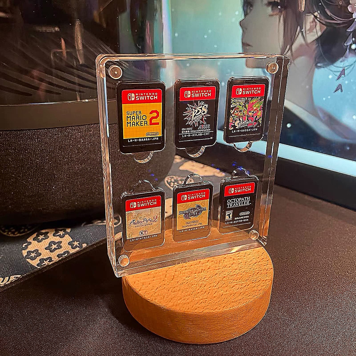 X-Richmen Game Card Case for Nintendo Switch Transparent Acrylic Game Storage Box Protective Shockproof Display Cabinet with 6 Slots Game Storage Box, Gift Mario Mushroom Red and Blue Thumb Grip 2PCS