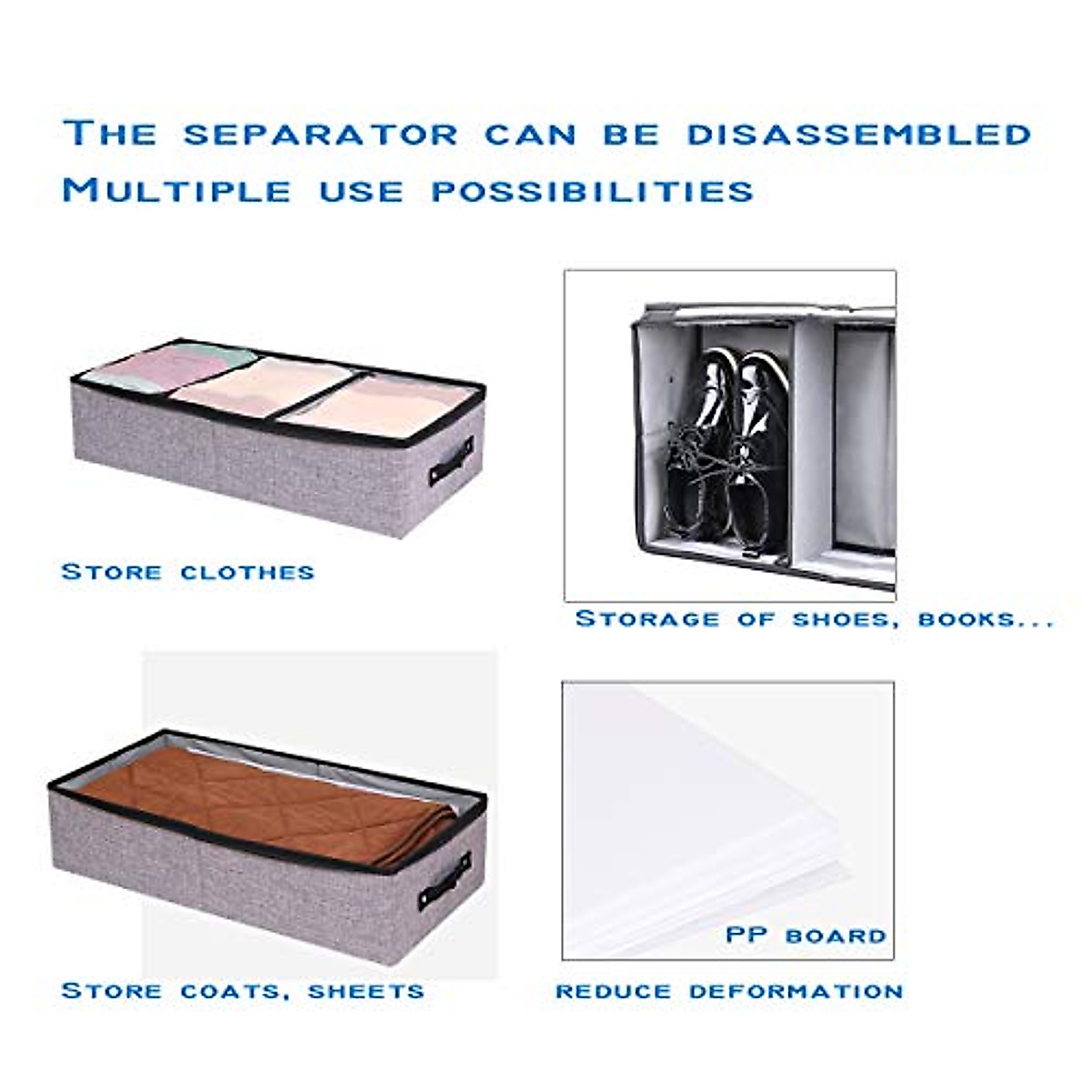 AARAINBOW 2 Packs Foldable Under Bed Clothes Organizer with Lids, Underbed Storage Container with Adjustable Dividers, UnderBed Storage Bins with Handles and Clear Window (Gray+Light Gray)