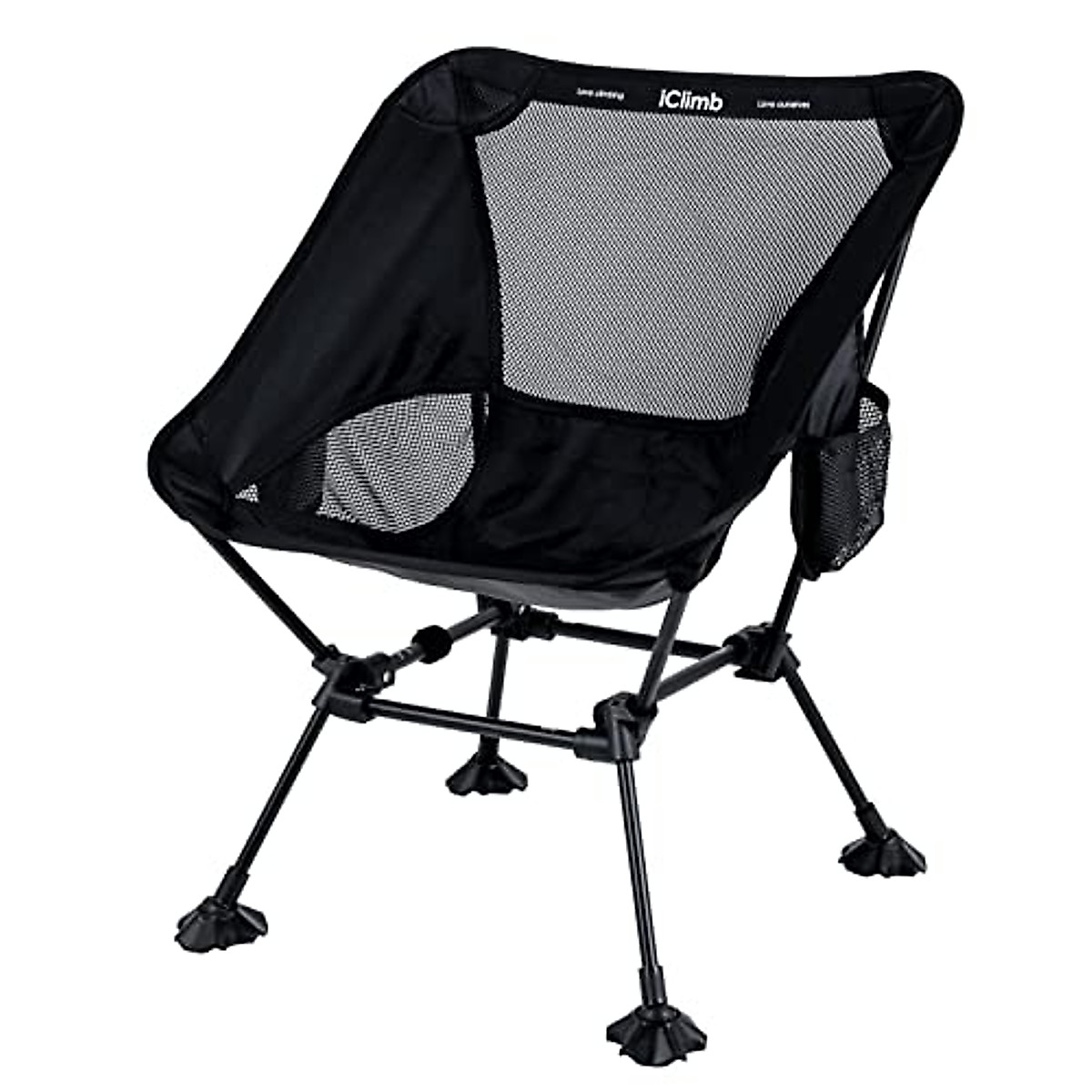 iClimb Ultralight Compact Camping Folding Beach Chair with Anti-Sinking Large Feet and Back Support Webbing (Black - Square Frame)