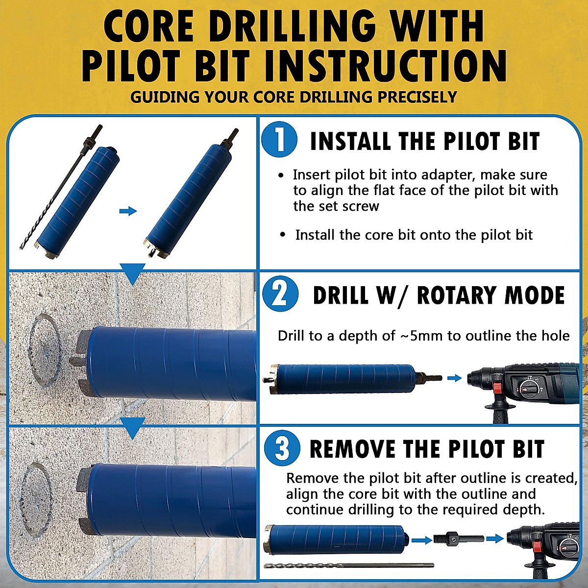 4-1/4" Dry Diamond Core Drill Bits for Brick and Block with 1/2" Shank Pilot Bit Adapter, 9.5" Drilling Depth, 5/8"-11 Arbor